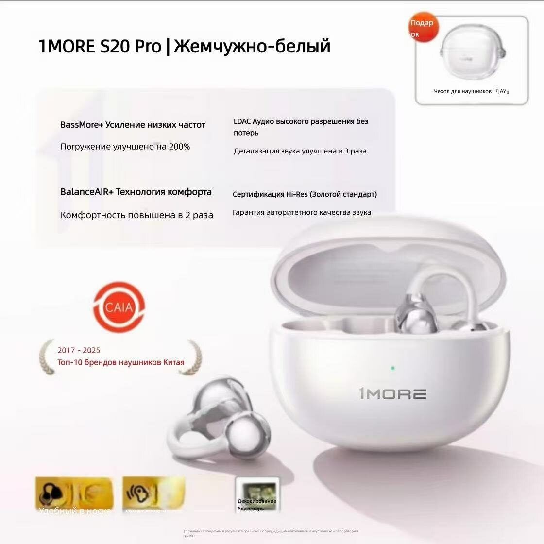 Наушники-клипсы 1More S20 Pro, Bluetooth 6.0, с шумоподавлением, IPX5, White