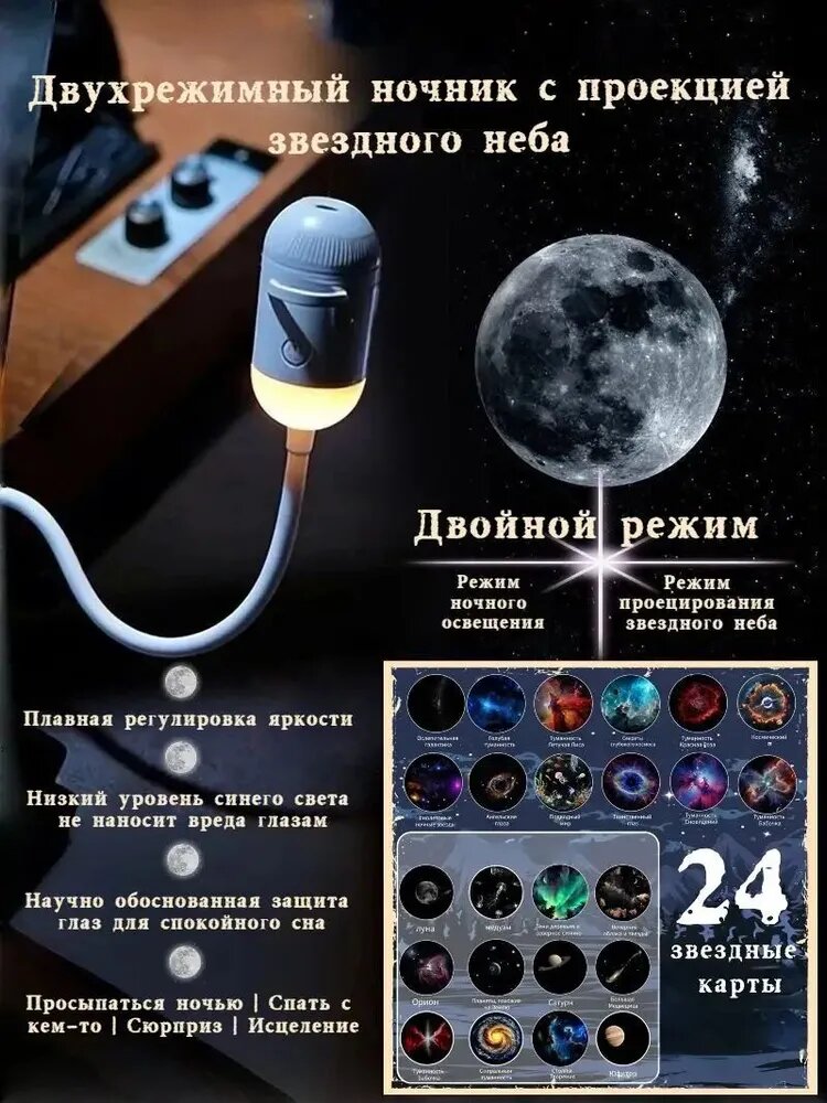 Ночник с проекцией звёздного неба, Мини-проектор , 24 слайда