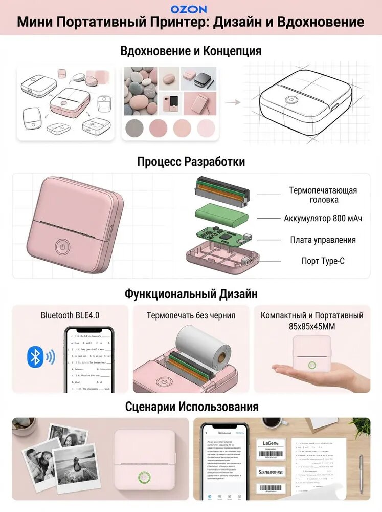V-one Мини-принтер X6 термо, Монохромный, Светло-розовый, Bluetooth, 200dpi — фото 1