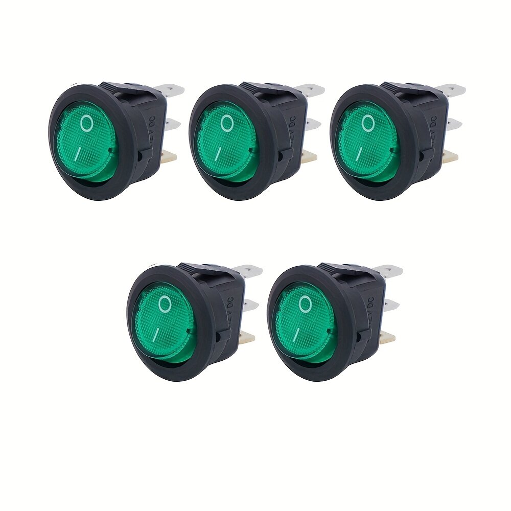 Выключатель рокерный круглый 3-контактный 12V 20A с зеленой подсветкой, 5 шт.