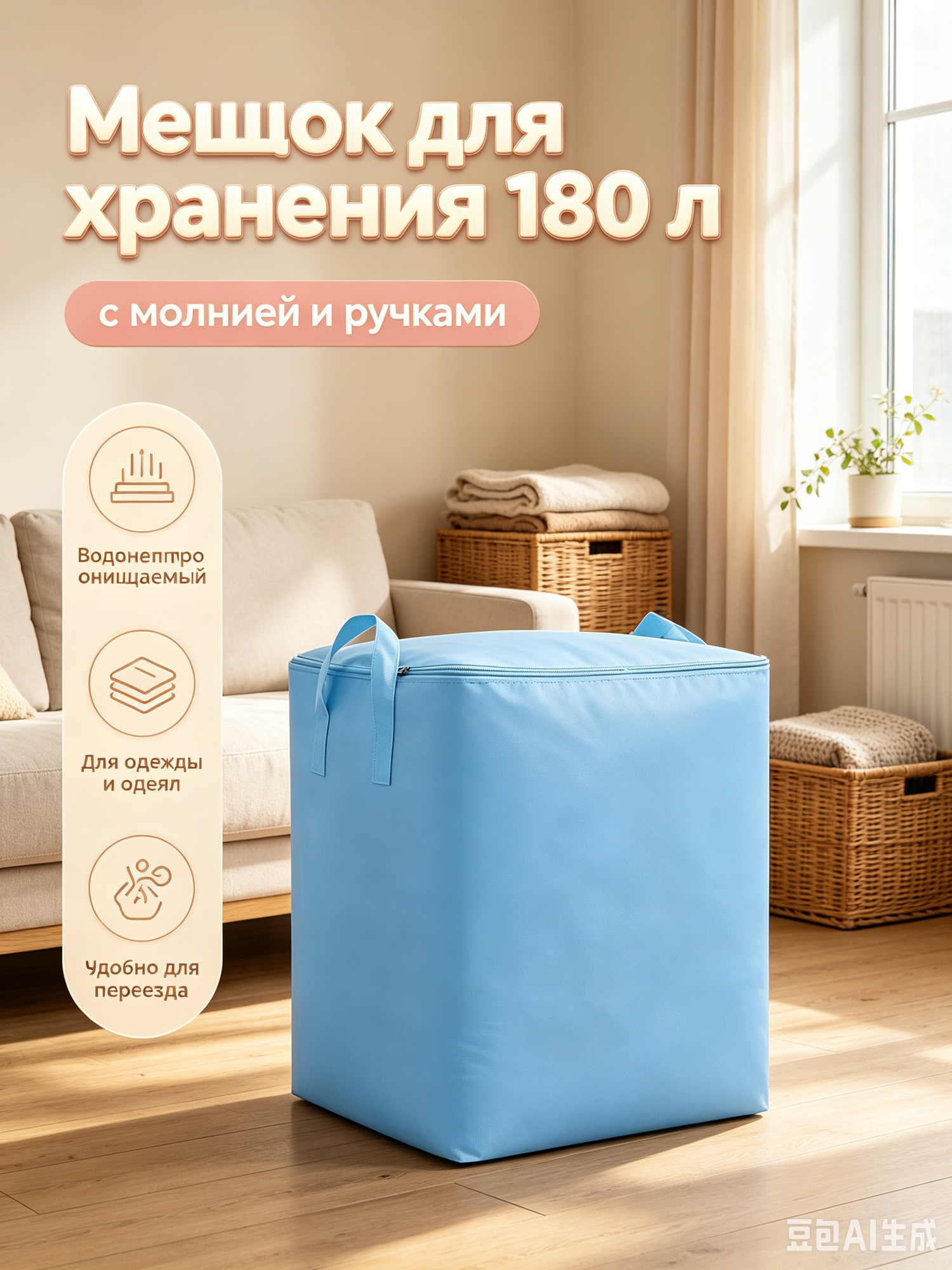 Голубой водонепроницаемый мешок для хранения 180 л с молнией и ручками для одежды, одеял и переезда