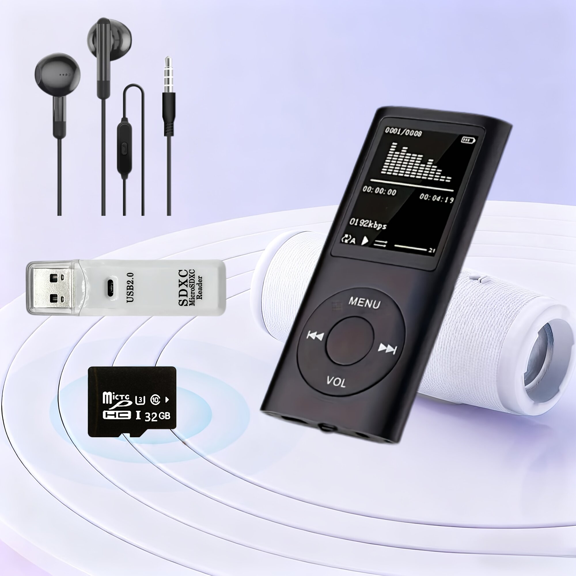 MP3/MP4 плеер с картой памяти 32 ГБ, поддержка музыки, видео, фото и электронных книг, наушники, кабель и картридер в комплекте, компактный дизайн, черный цвет