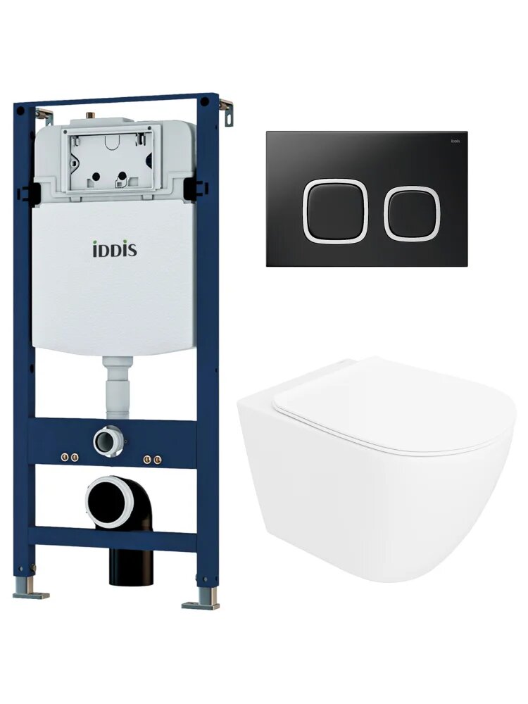 Комплект 4 в 1: Инсталляция IDDIS Профикс (Profix) PRO0000i32 / Унитаз подвесной STWORKI Готланд S13401WH безободковый, с микролифтом / Кнопка Юнификс (Unifix) UNI04BCi77, Комплект креплений