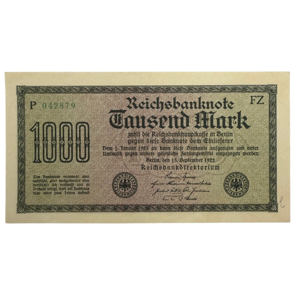 Веймарская республика (Германия) 1000 марок 1922 г. (ВЗ - Решётка, G) (Литера FZ) (Серия P)