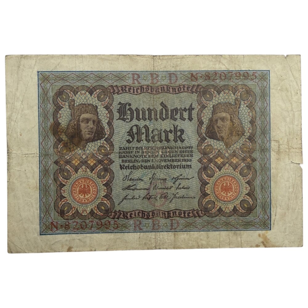 Веймарская республика (Германия) 100 марок 1920 г. (Литера G) (Серия N) (7-значный номер)
