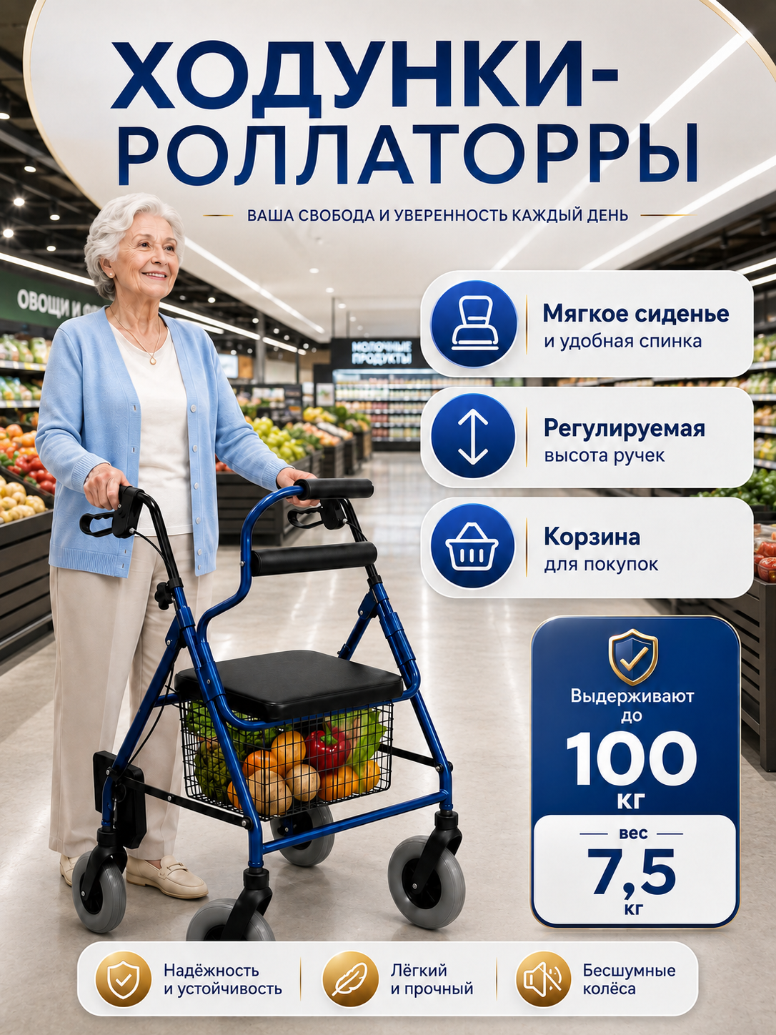 Ходунки роллаторы для пожилых и инвалидов на колесах с сиденьем