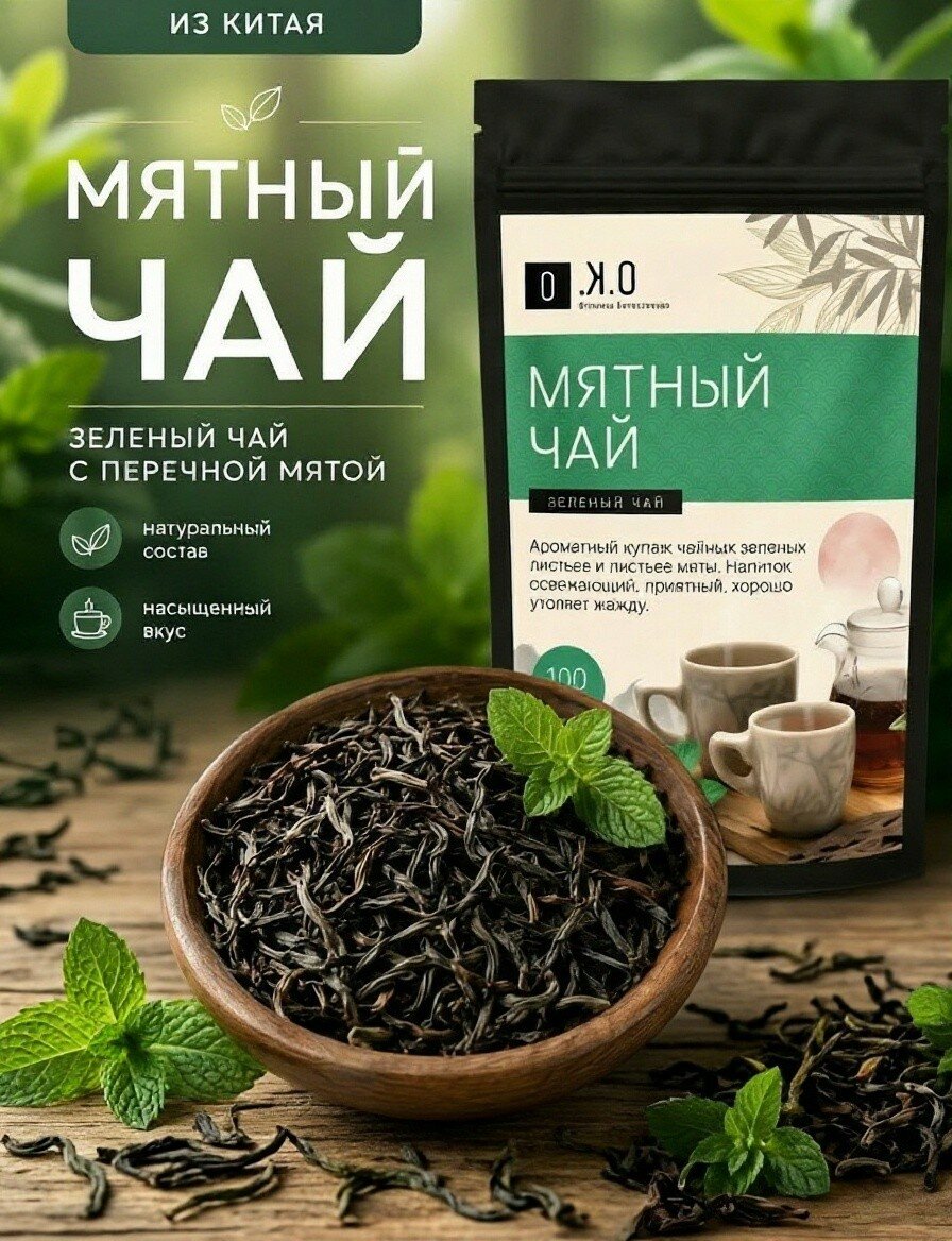 Чай листовой "Мятный", зеленый, авторский, без добавок, 100г