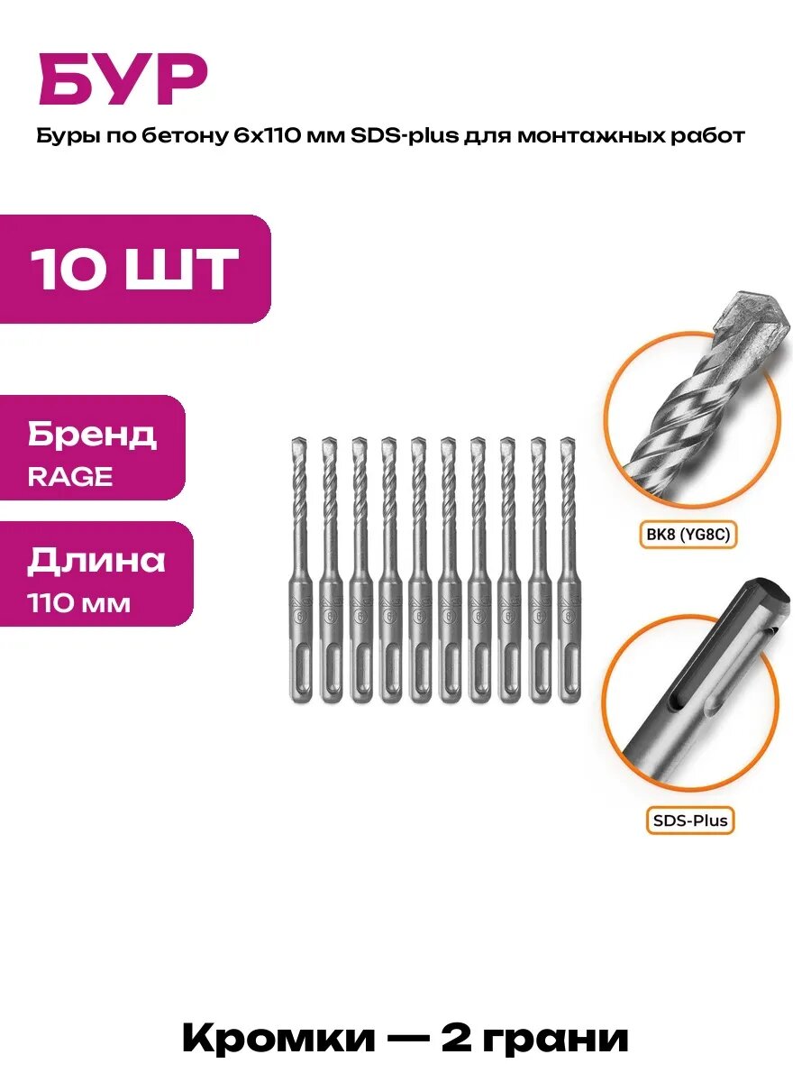 Набор сверл по бетону 6х110 мм SDS plus 10 штук для работы