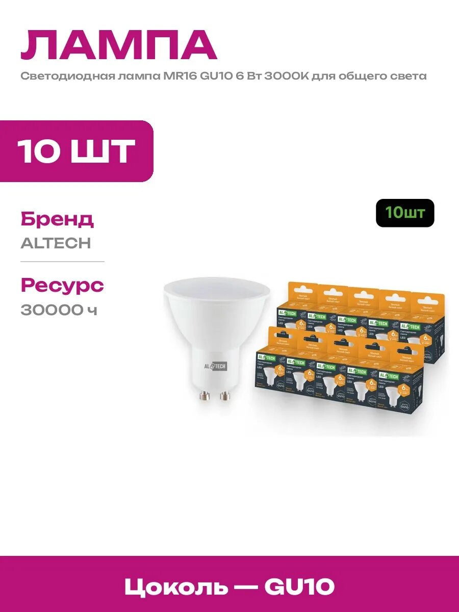 Лампочка светодиодная GU10 MR16 6 Вт 3000К теплый белый свет