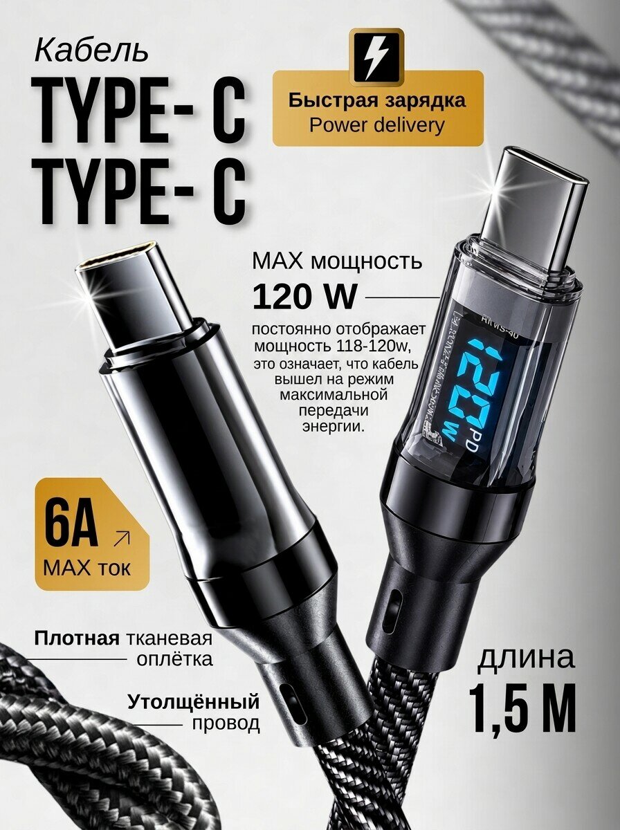 Кабель TYPE-C TYPE-C 1,5М быстрая зарядка+data power delivery