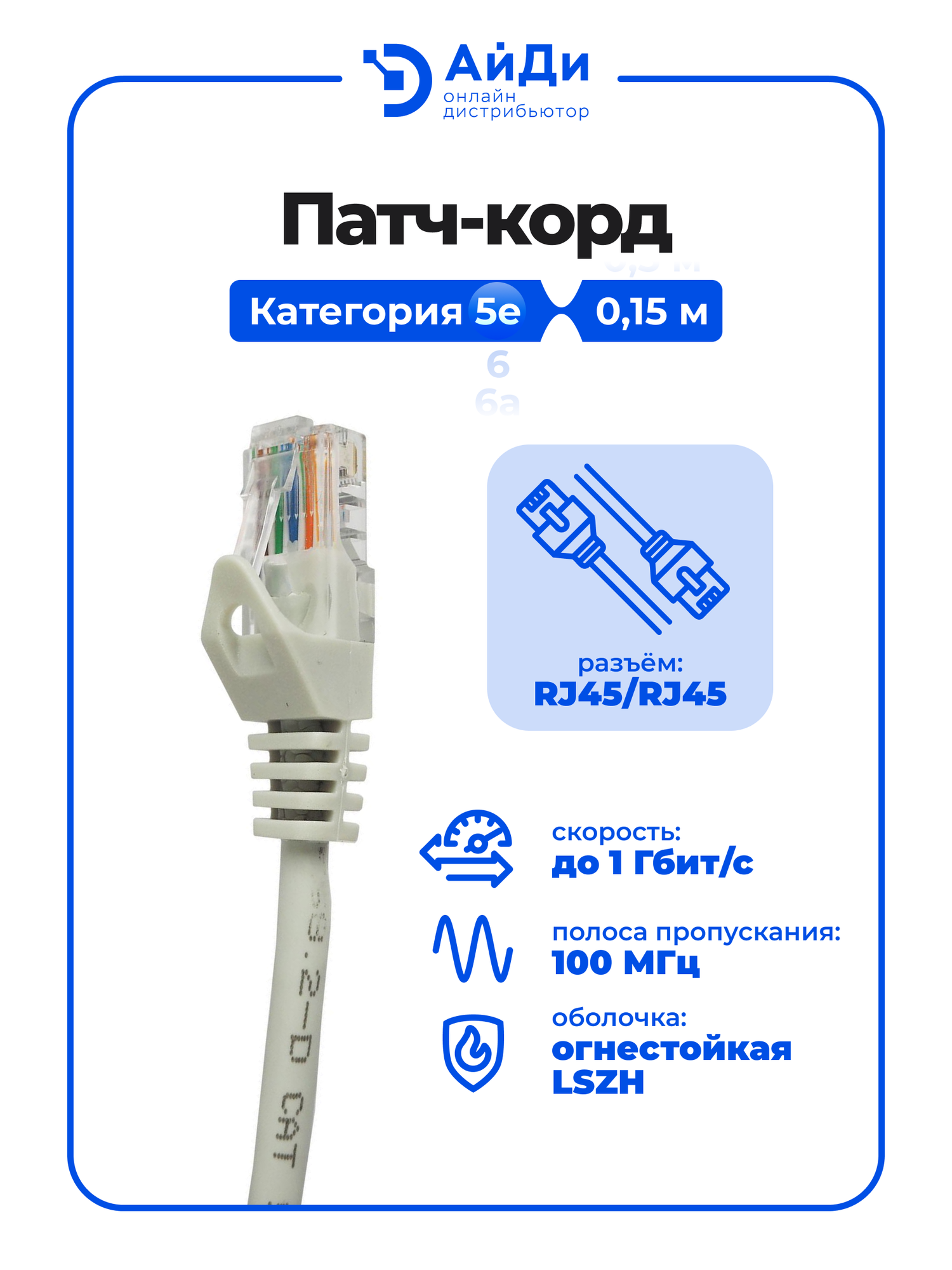Интернет-кабель, категория 5е, неэкранированный, U/UTP, RJ45-RJ45, 100 МГц LSZH, AWG24 0.15м, серый
