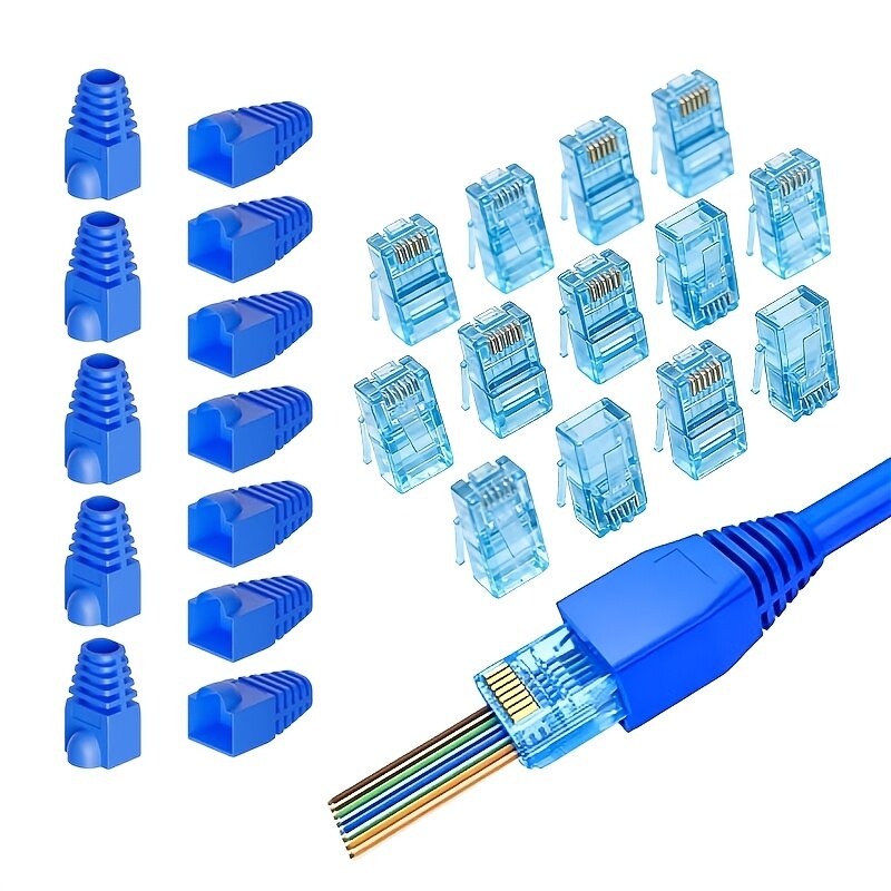 Разъемы RJ45 Cat6 прозрачные синие 8P8C с золотым напылением с защитными колпачками, комплект 12 шт. (разъемы + колпачки) для кабеля Cat5e/Cat6