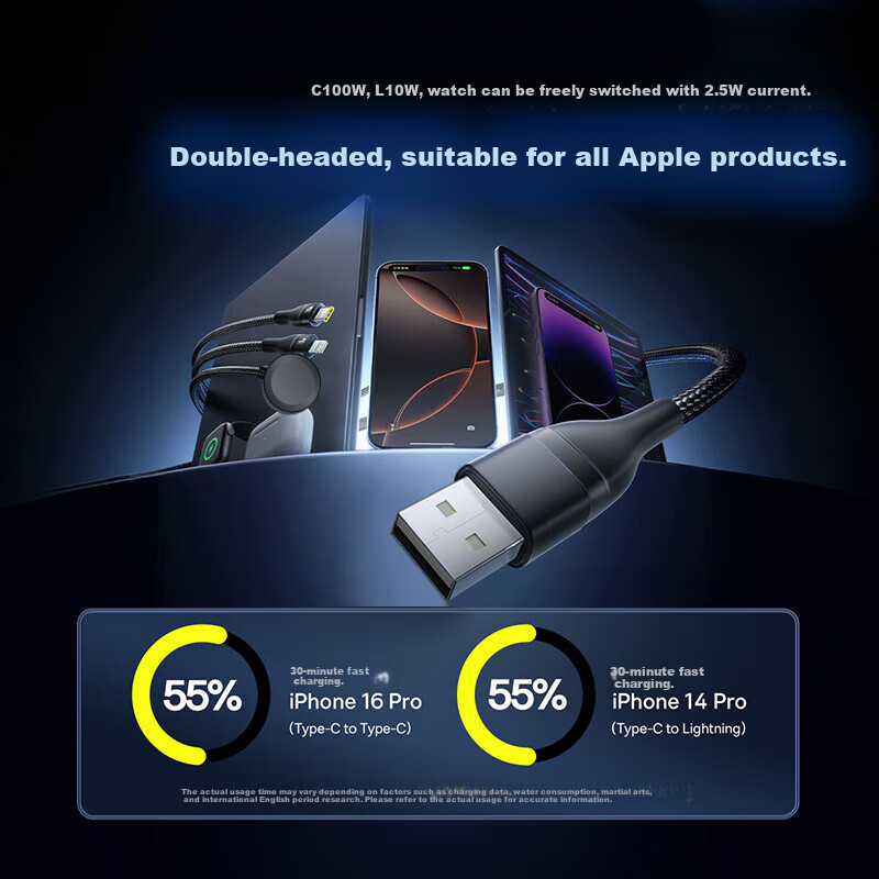 Smorss 3-в-1 быстрая зарядка кабель 100 Вт для Apple Watch совместимый с iPhone 17/16/15/14 iWatch S9/S8/SE/Ultra
