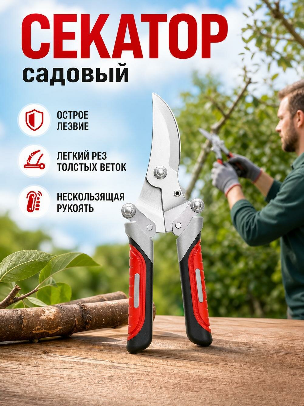 Grons / Секатор садовый для цветов, обрезки веток деревьев, растений, плоскостной / Сучкорез профессиональный
