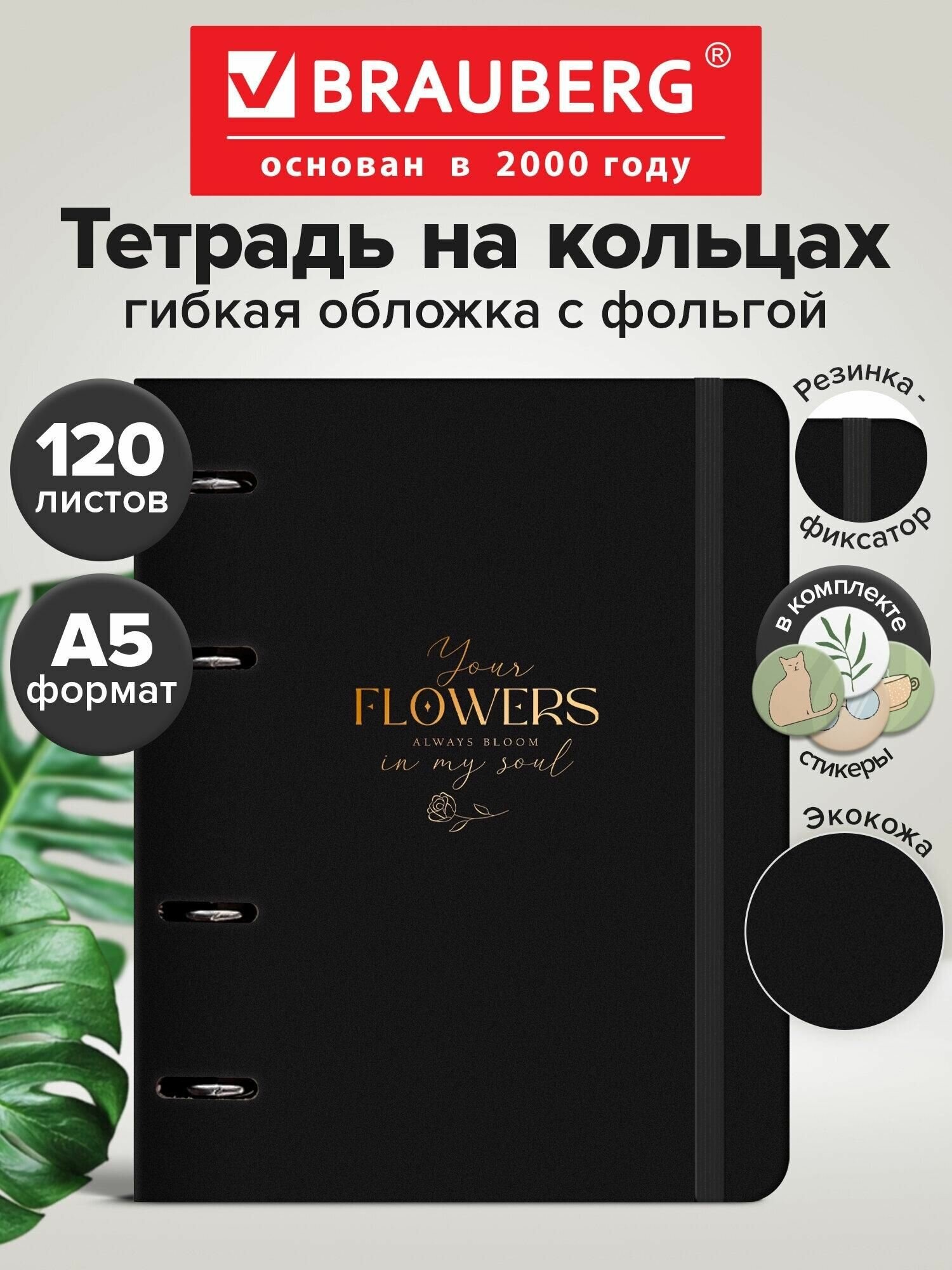 Тетрадь Brauberg на кольцах А5, BRAUBERG, 120л, кожзам, фольга, клетка, 405219