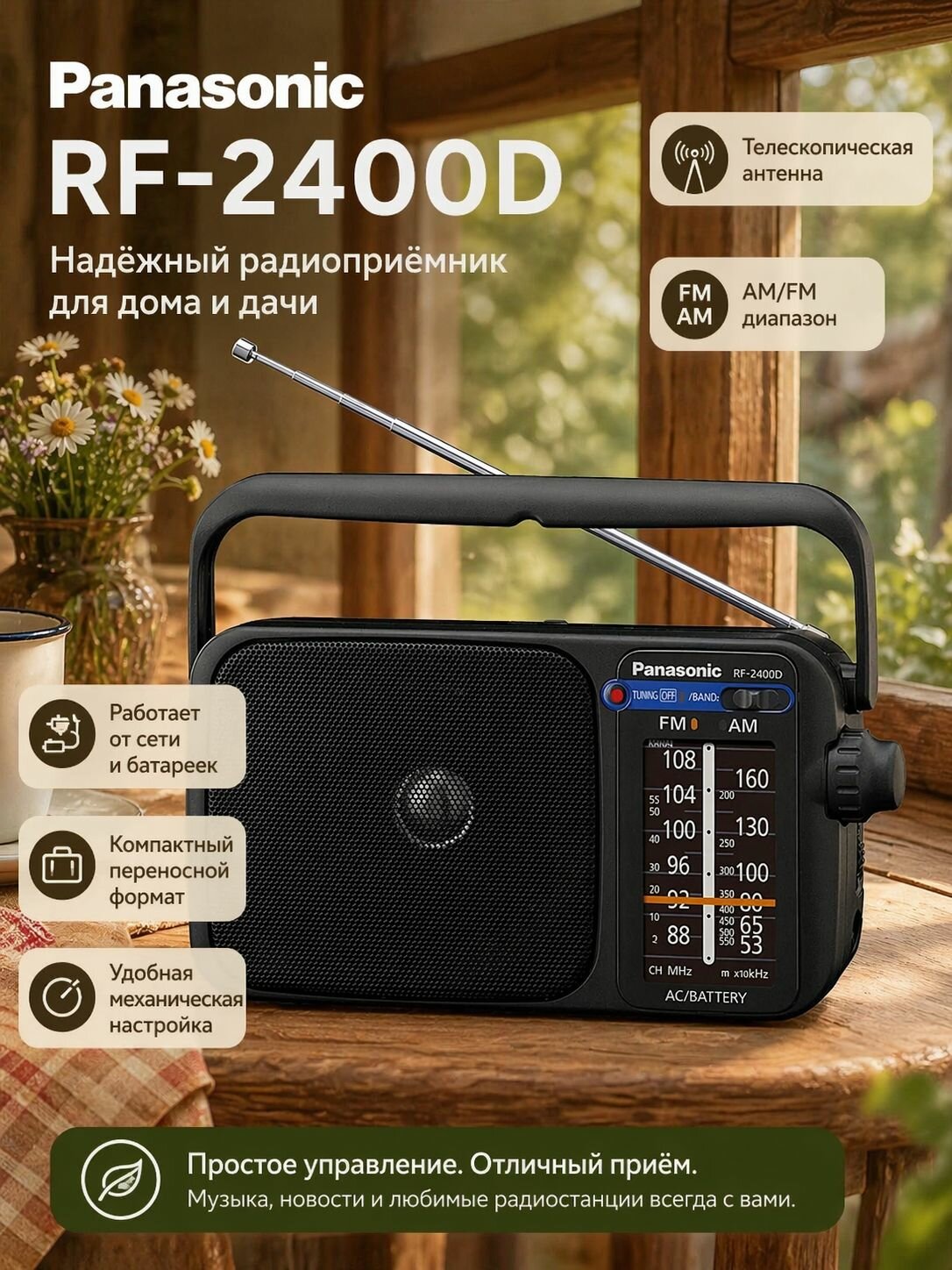 Радиоприемник от сети и батареек Panasonic RF-2400DEE-K /fm радиоприемник портативный
