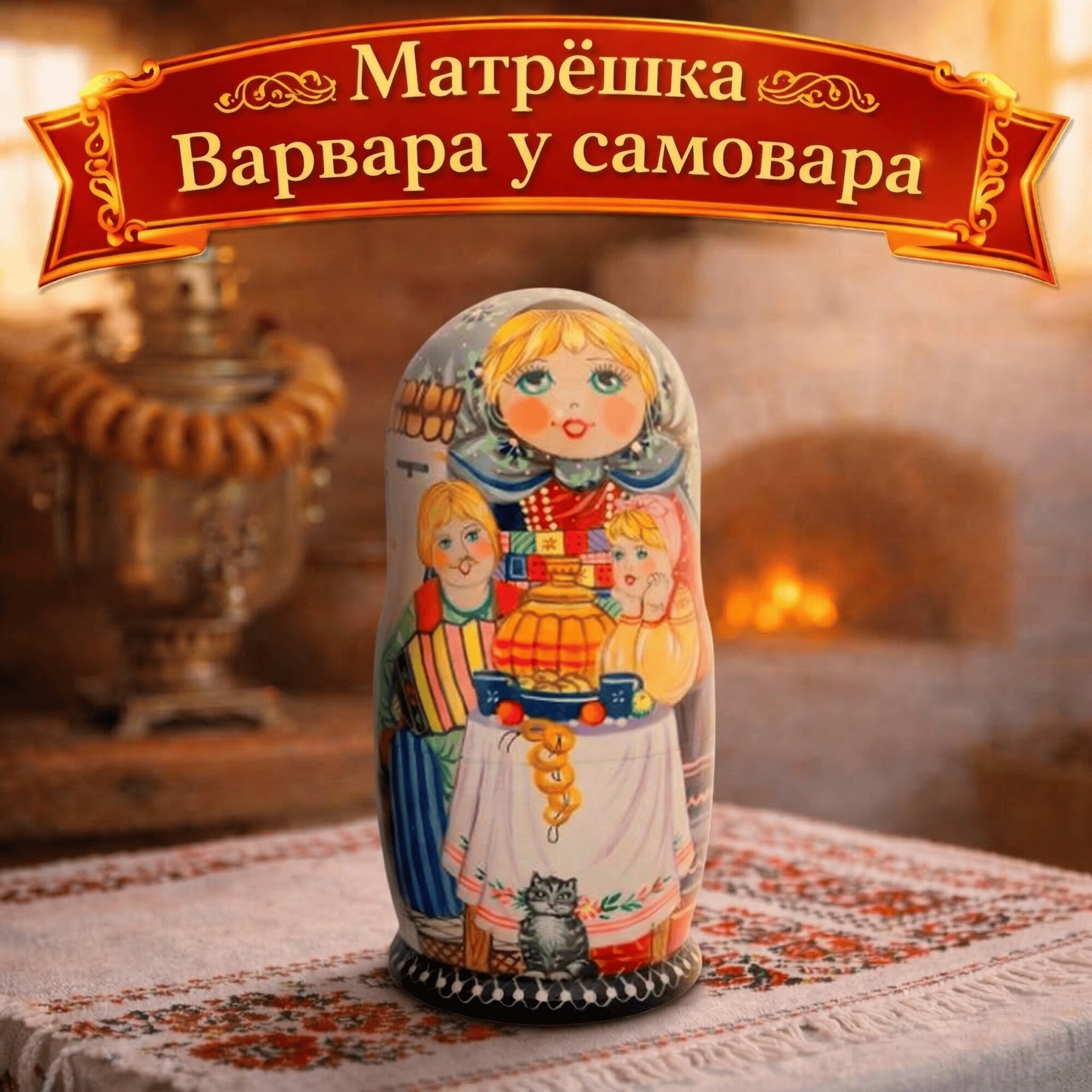 Матрешка "Варвара у самовара", дерево, ручная роспись, 8,5х8,5х18 см