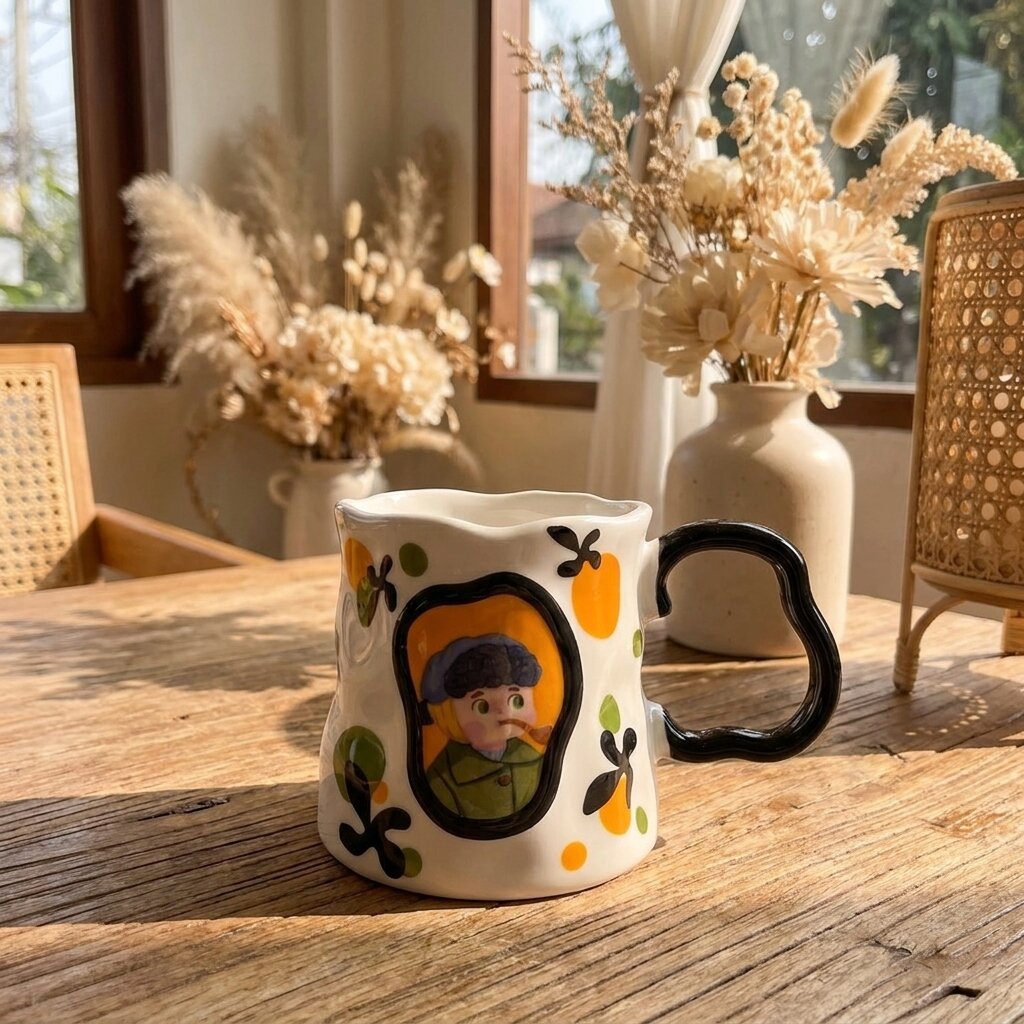 Кружка керамическая 380 мл с арт-принтом Ван Гог в подарочном пакете с ручками и ложкой