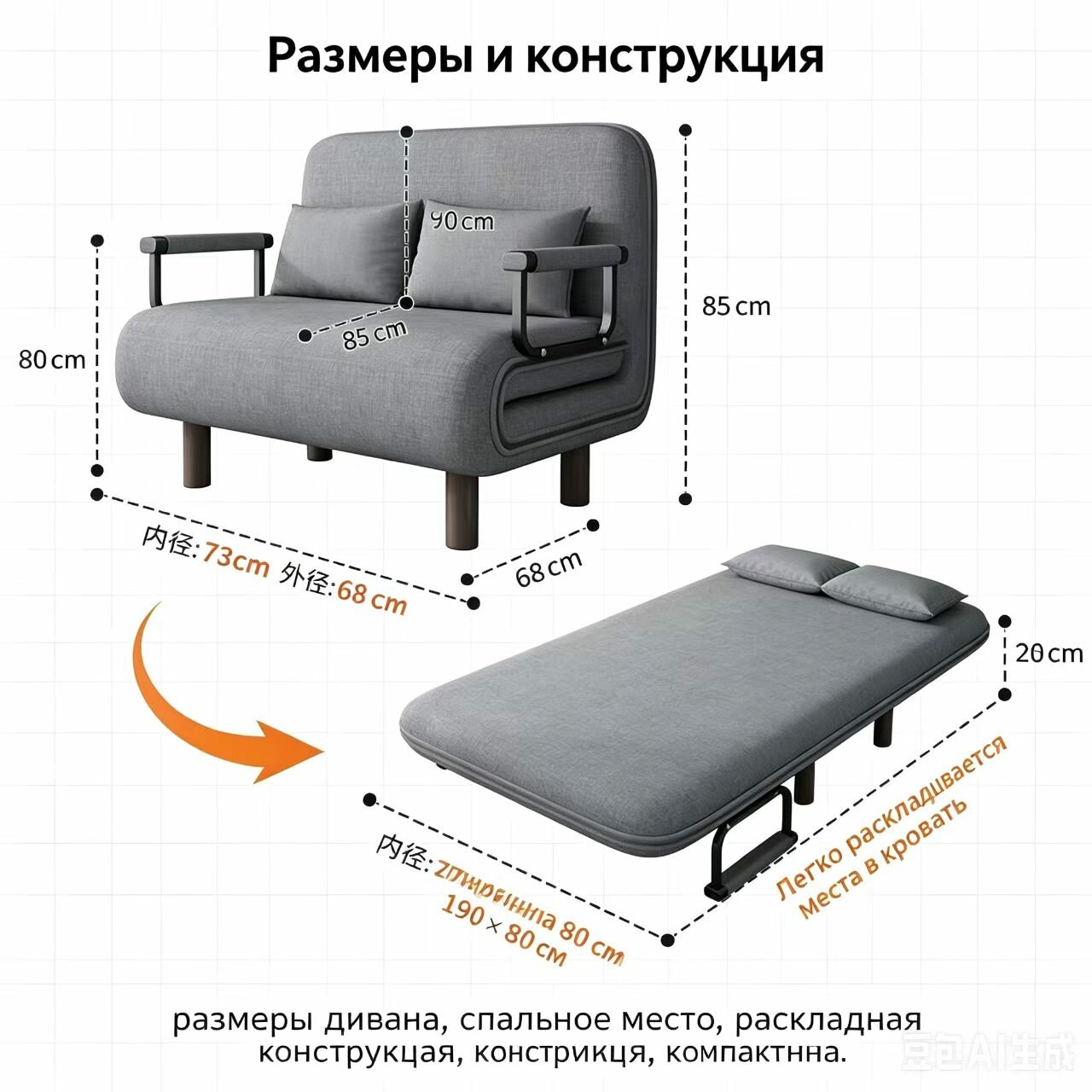 Раскладной диван с двойным двухтактным многофункциональным сиденьем