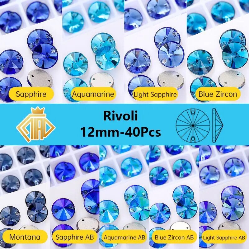 Стразы QIAO Blue Series стеклянные для рукоделия Blue Zircon, Rivoli 12mm-40Pcs