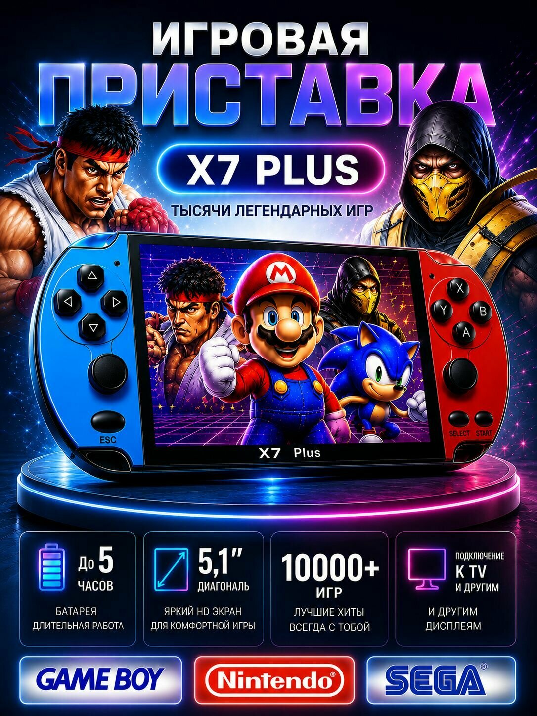 Игровая приставка X7 PLUS , 5.1" HD экран ,1000+ игр , портативная игровая консоль 8-16-32 бит , Сега , PS1, Геймбой и др. ретро консоль 8 бит 16 бит 32 бит 1000 игр