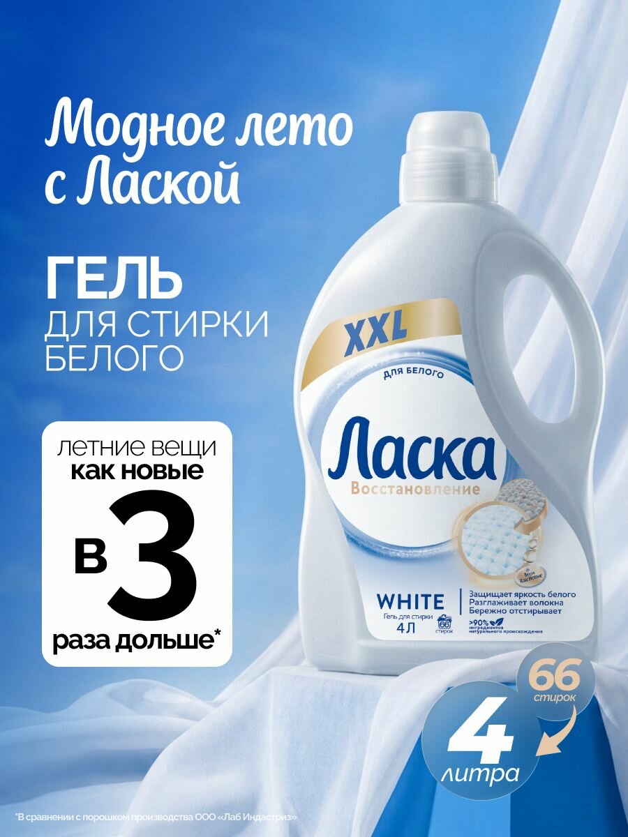 Гель для стирки Ласка Восстановление WHITE для белого, 4л (66 стирок), жидкое средство для стирки автомат