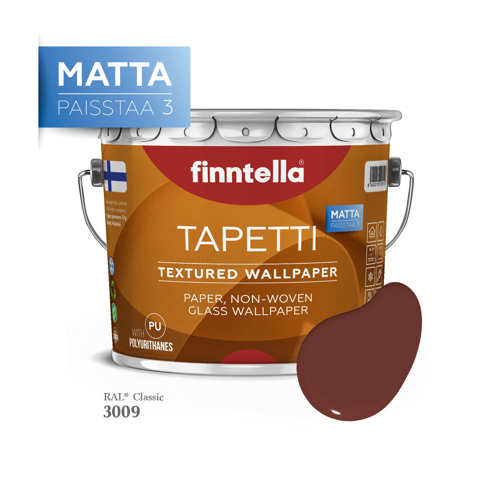 Матовая краска для обоев под окраску TAPETTI Matta FINNTELLA, Цвет RAL 3009 Красная окись (Oxide red), 2,7л
