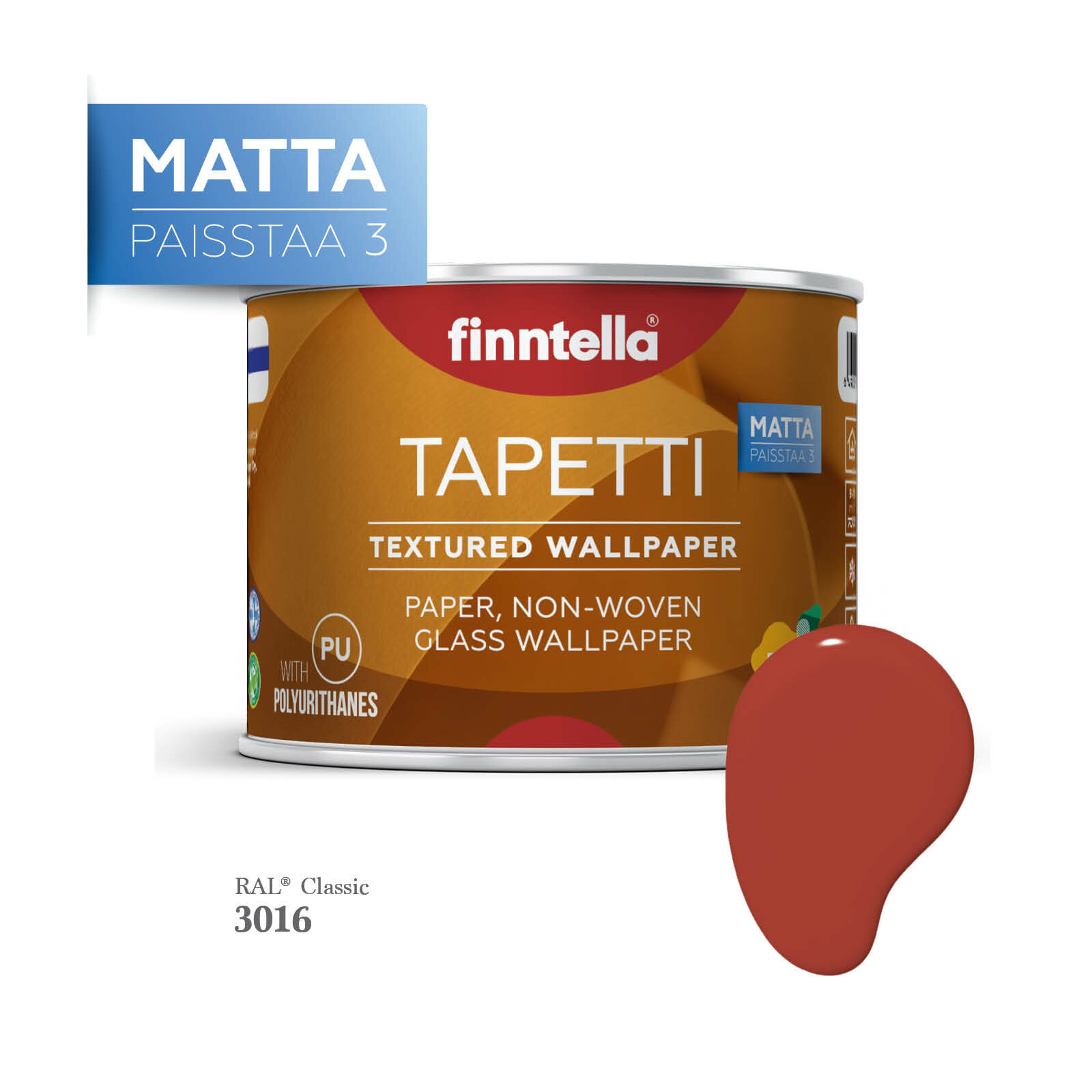 Матовая краска для обоев под окраску TAPETTI Matta FINNTELLA, Цвет RAL 3016 Кораллово-красный (CoRAL red), 0,45л