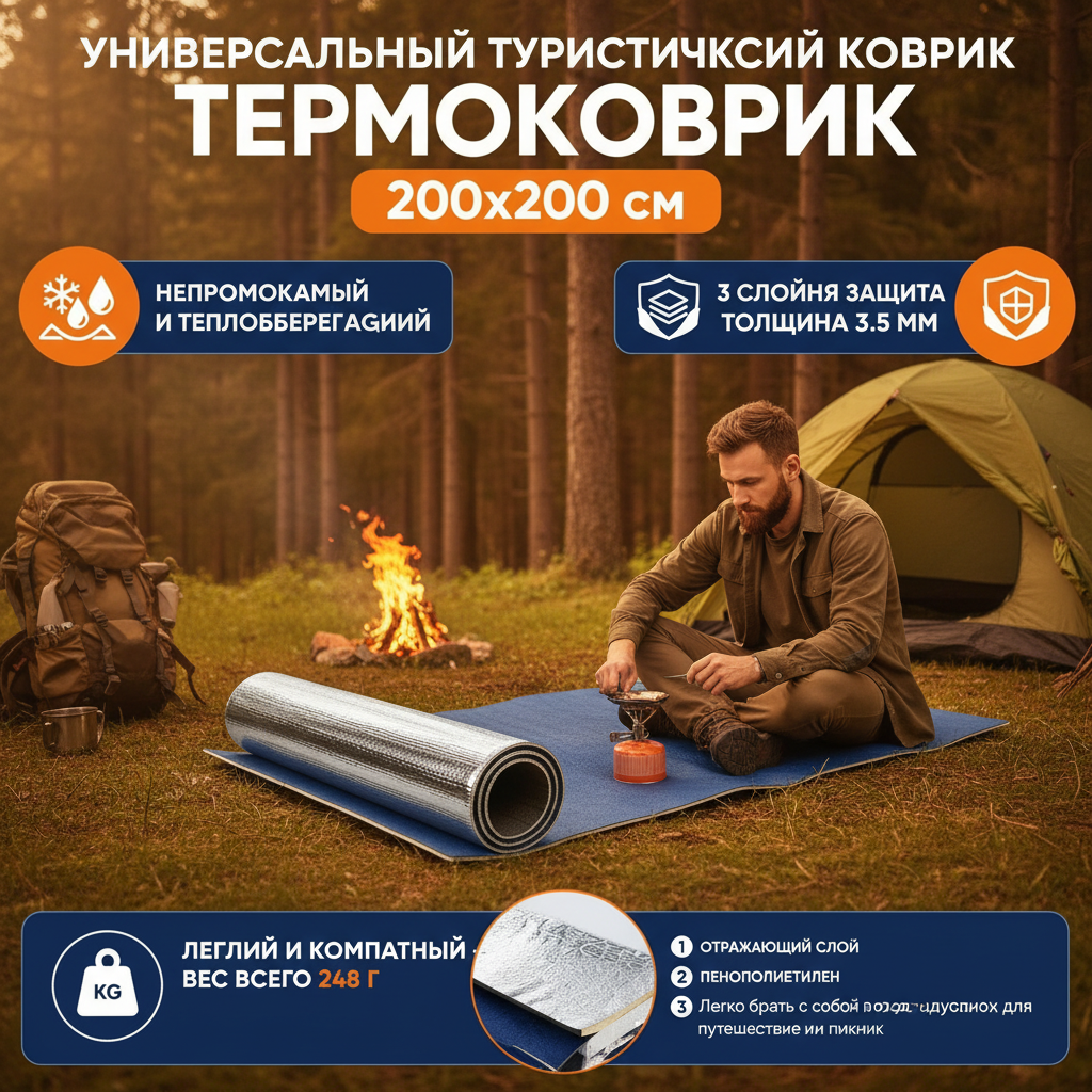 Туристический коврик, двухсторонний фольгированный-термоковрик водонепроницаемый 200х200 см, для палатки/кемпинга и пикника на природе.