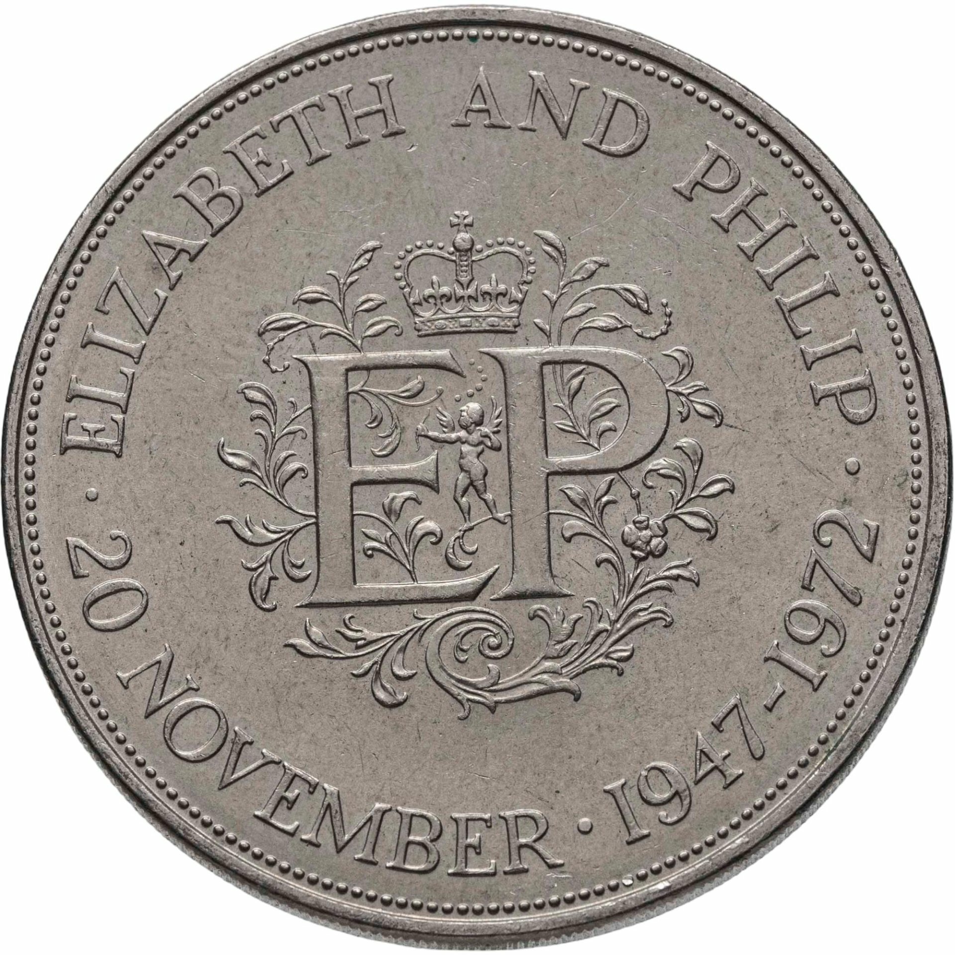 Великобритания 25 пенсов pence 1972 "Королевская серебряная свадьба", Мельхиор медь-никель, в сохранности XF-AU