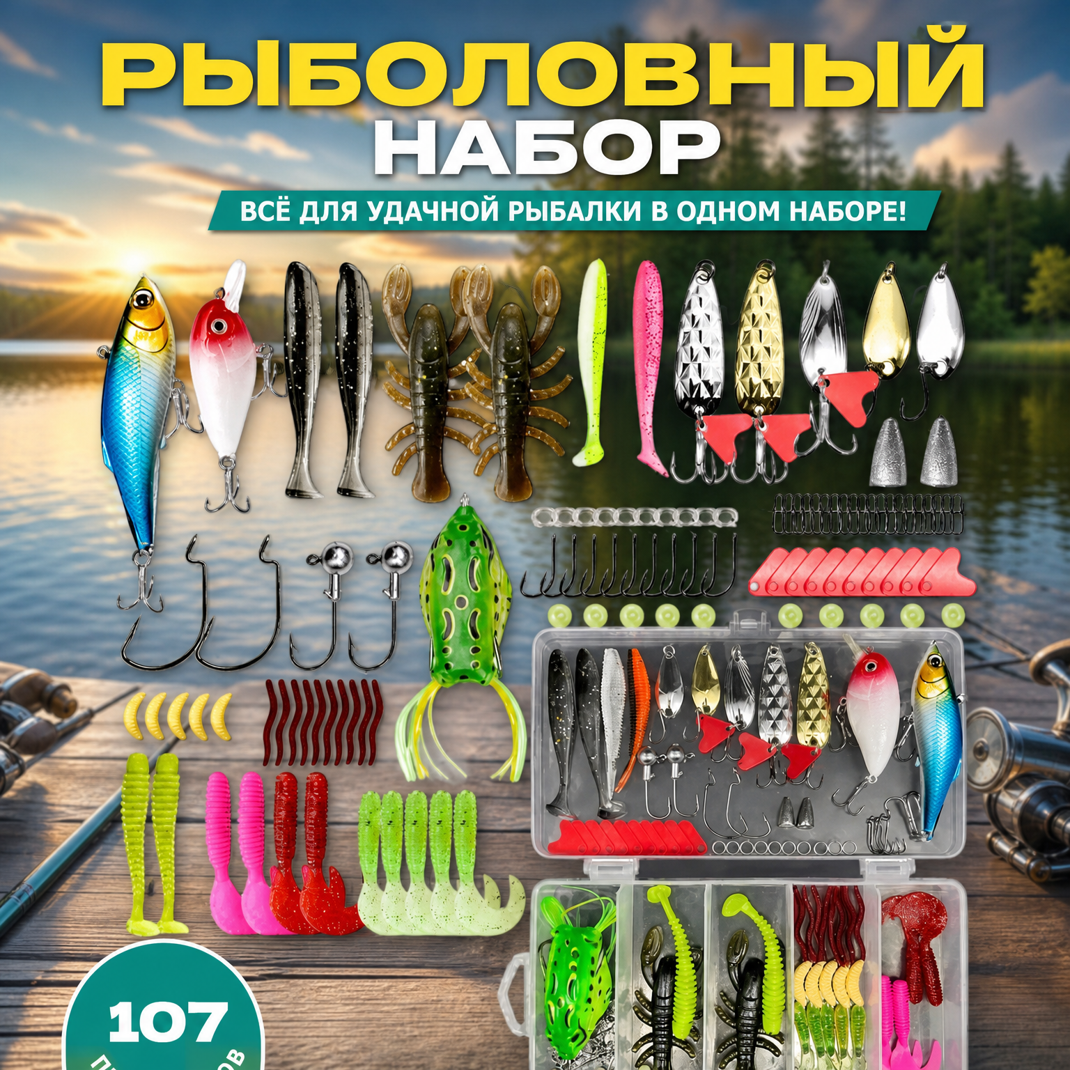 Рыболовный набор приманок 150 предметов, воблеры, мягкие приманки, блесна, крючки, джиг-головки (Длина: 0.25 м; Цвет товара: зеленый, желтый, голубой, оранжевый; Комплектация: Набор приманок - 150 предметов)