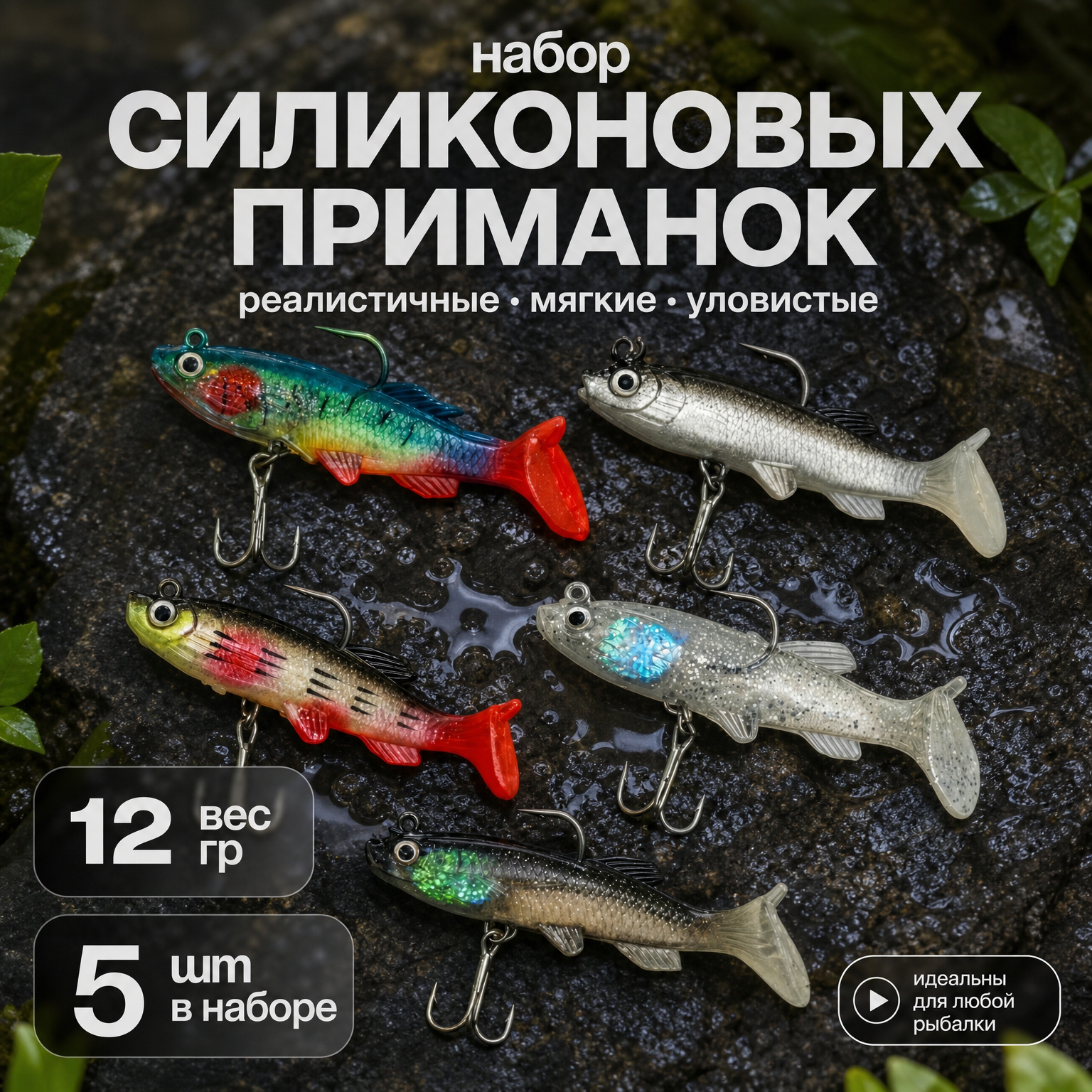 Набор силиконовых виброхвостов для рыбалки / 5 шт в наборе (вес 12 г) / Реалистичные, мягкие и уловистые — идеальны для любой рыбалки