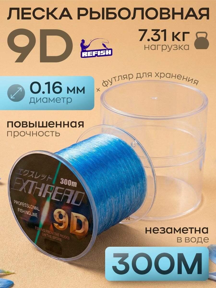 Леска рыболовная монофильная 300 м, 0.16 мм, 9д, на хищника, с футяром