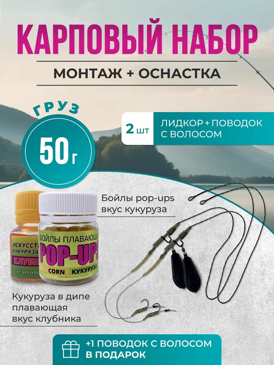 Карповый набор для рыбалки: монтаж с волосом для бойлов и оснастка, 50 гр, 2 шт