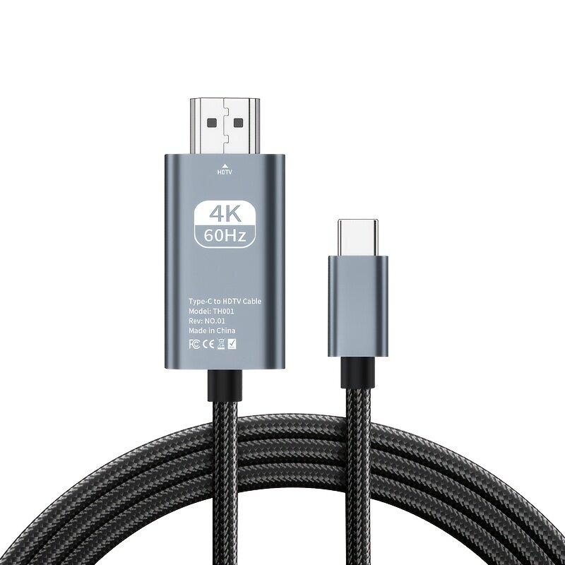 Плетеный кабель-переходник USB-C – HDMI, 4K 60 Гц, 200 см, для ноутбуков, ПК, смартфонов и медиаплееров