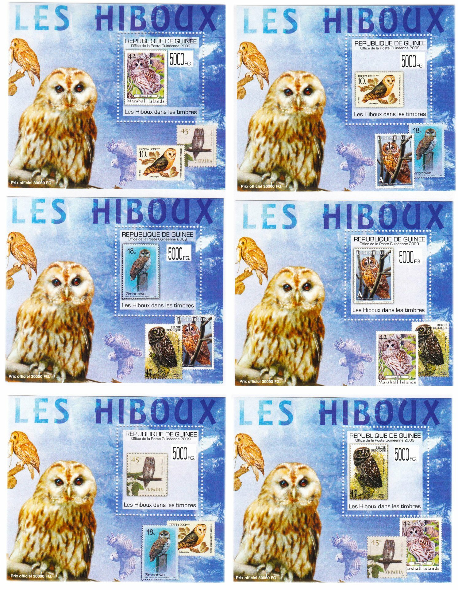 Гвинея набор из 6 марок "Совы" 2009
