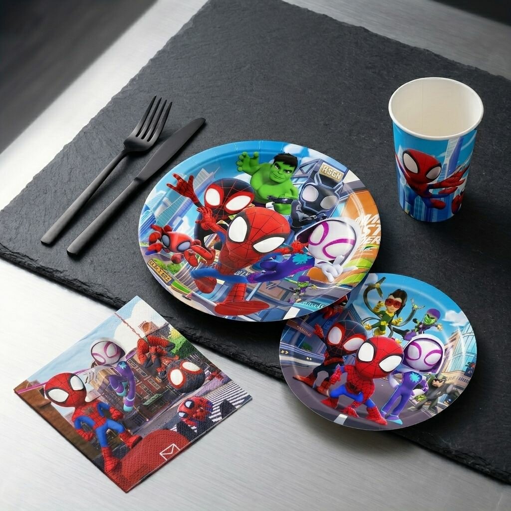50 шт Набор одноразовой посуды с героями Spider-Man Into the Spider-Verse для детских праздников, дней рождения и разных вечеринок супергерои тематическая посуда детский праздник