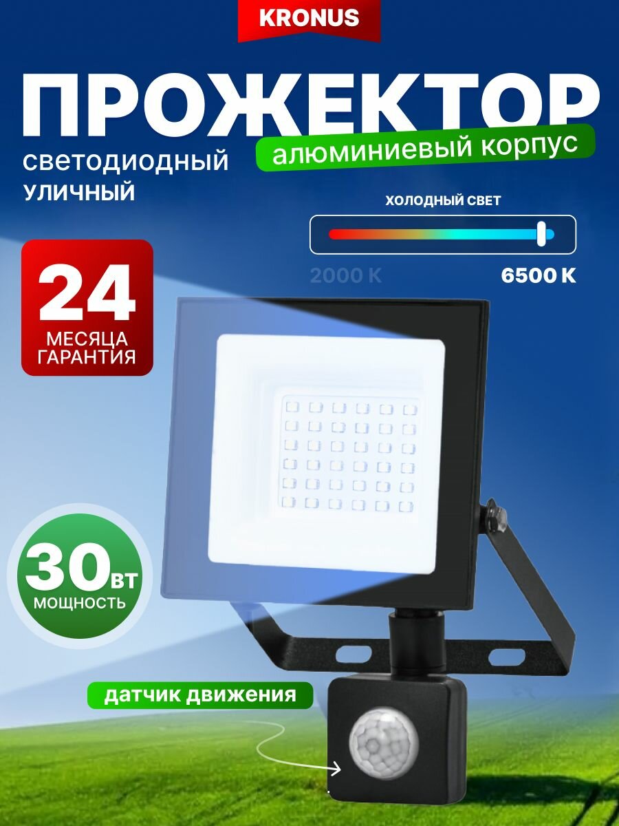 Kronus Прожектор светодиодный уличный 30 Вт с датчиком движения, холодный свет
