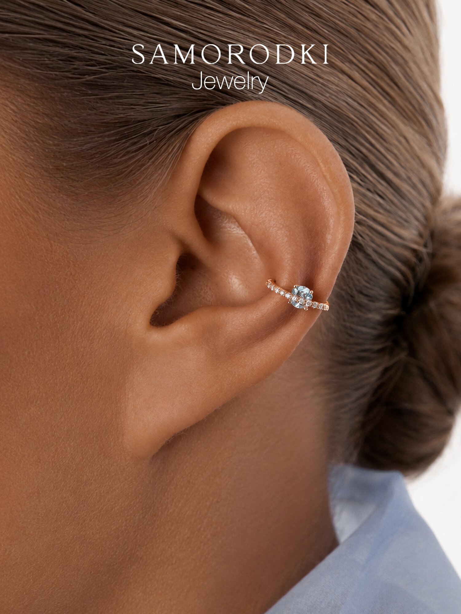 Кафф SamoroDki Jewelry, серебро, 925 проба, золочение, фианит, топаз, размер 13.4 мм, длина 1.34 см, , бесцветный, белый, золотистый, голубой — фото 1