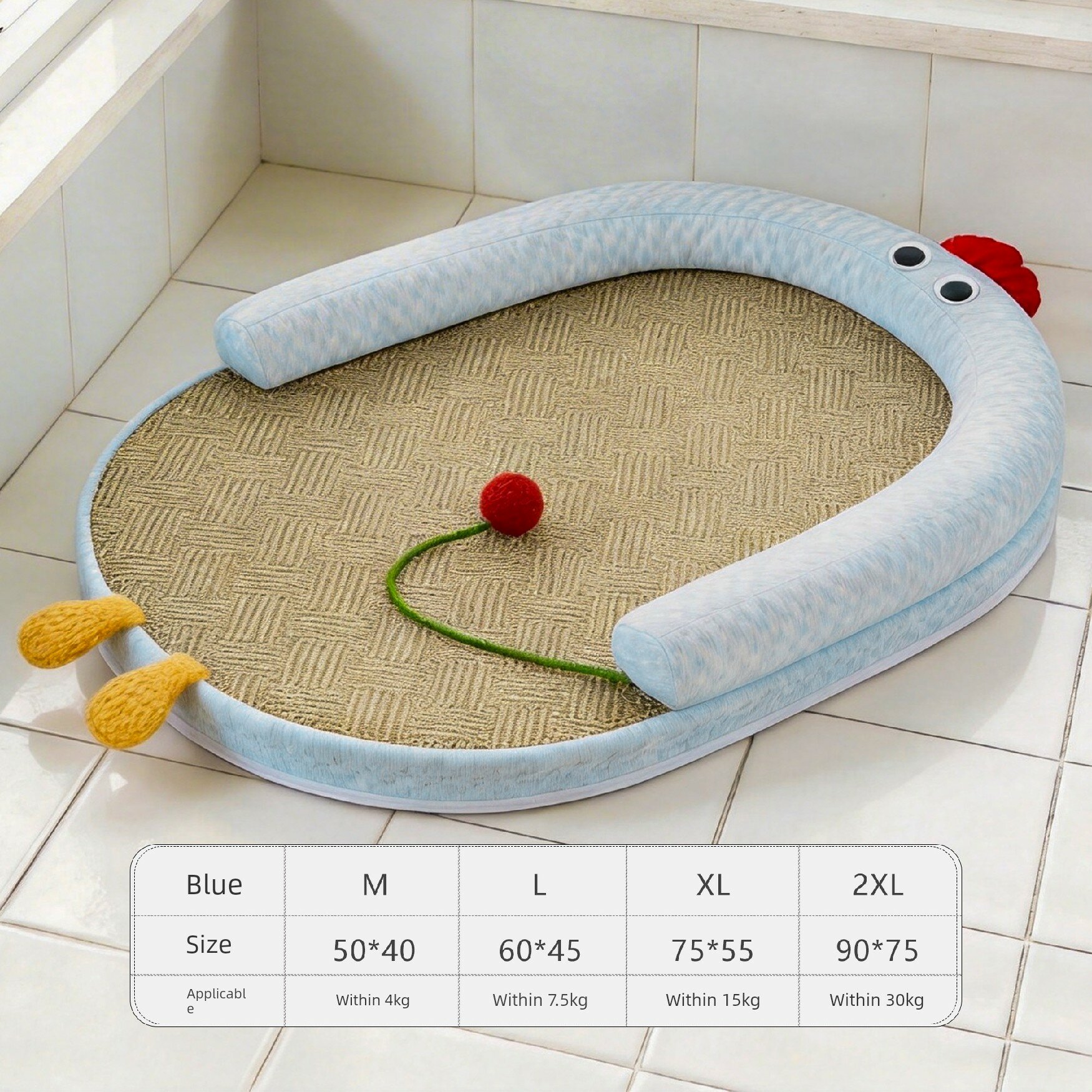 Little Monster Ice Bean Rattan Fabric Cooling Mat with Jute Ball - Ocean Blue L 60x45cm (Pets up to 7.5kg)