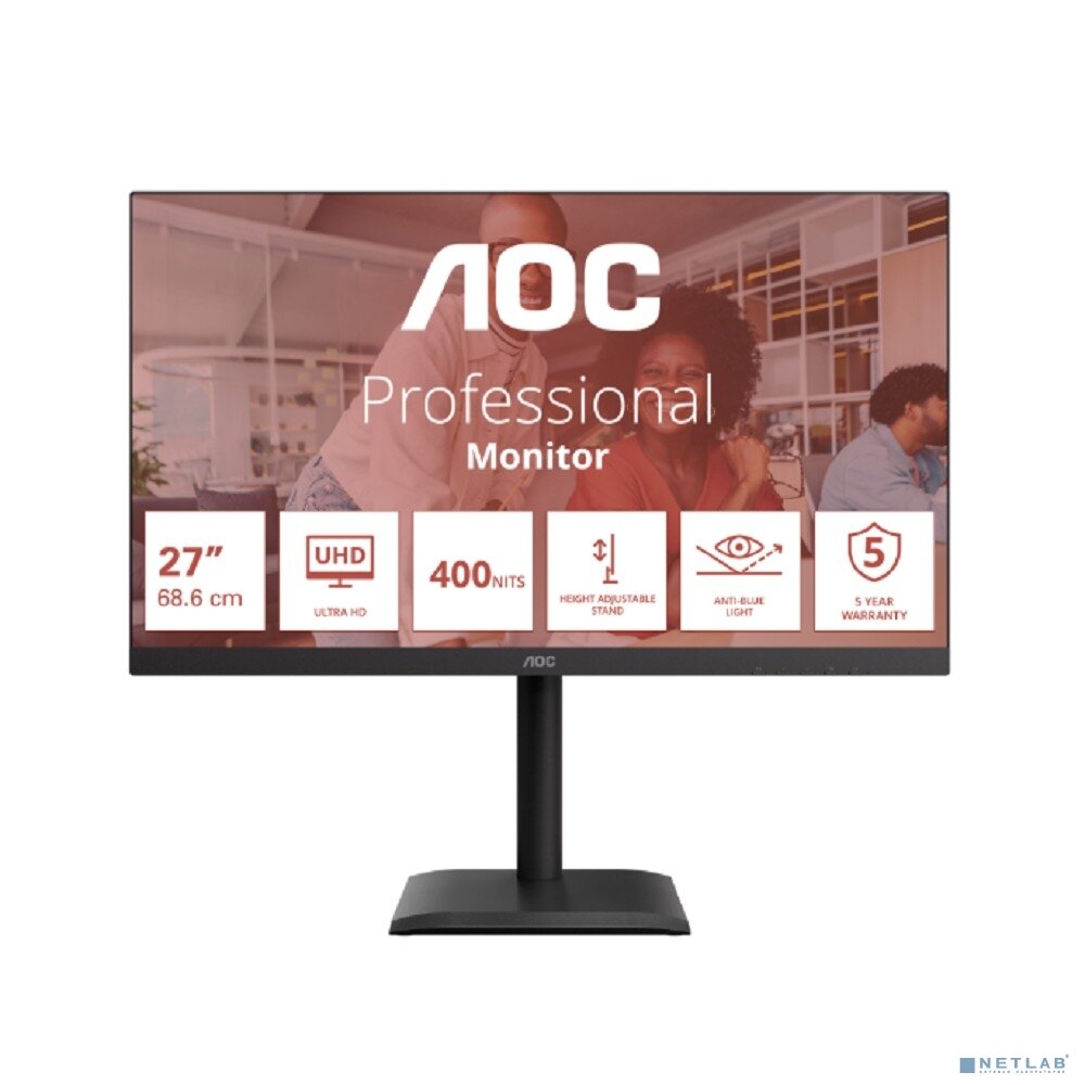 LCD AOC 27" U27E4CV {IPS 3840x2160 60Hz 4ms 400cd 2xHDMI DisplayPort DP(Out) 4xUSB 3.2 USB-C(90W) RJ-45 2x2W HAS Internal VESA}