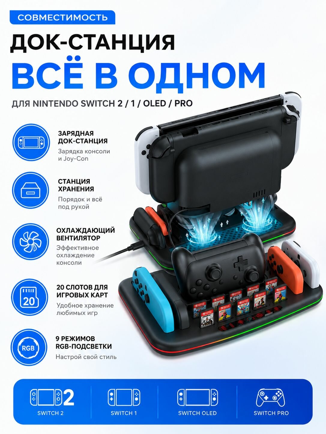 Зарядная станция с вентилятором для Nintendo Switch 2/1/PRO/OLED, подставка-органайзер для Joy-Con с 20 слотами для картриджей, 9 режимов RGB подсветки
