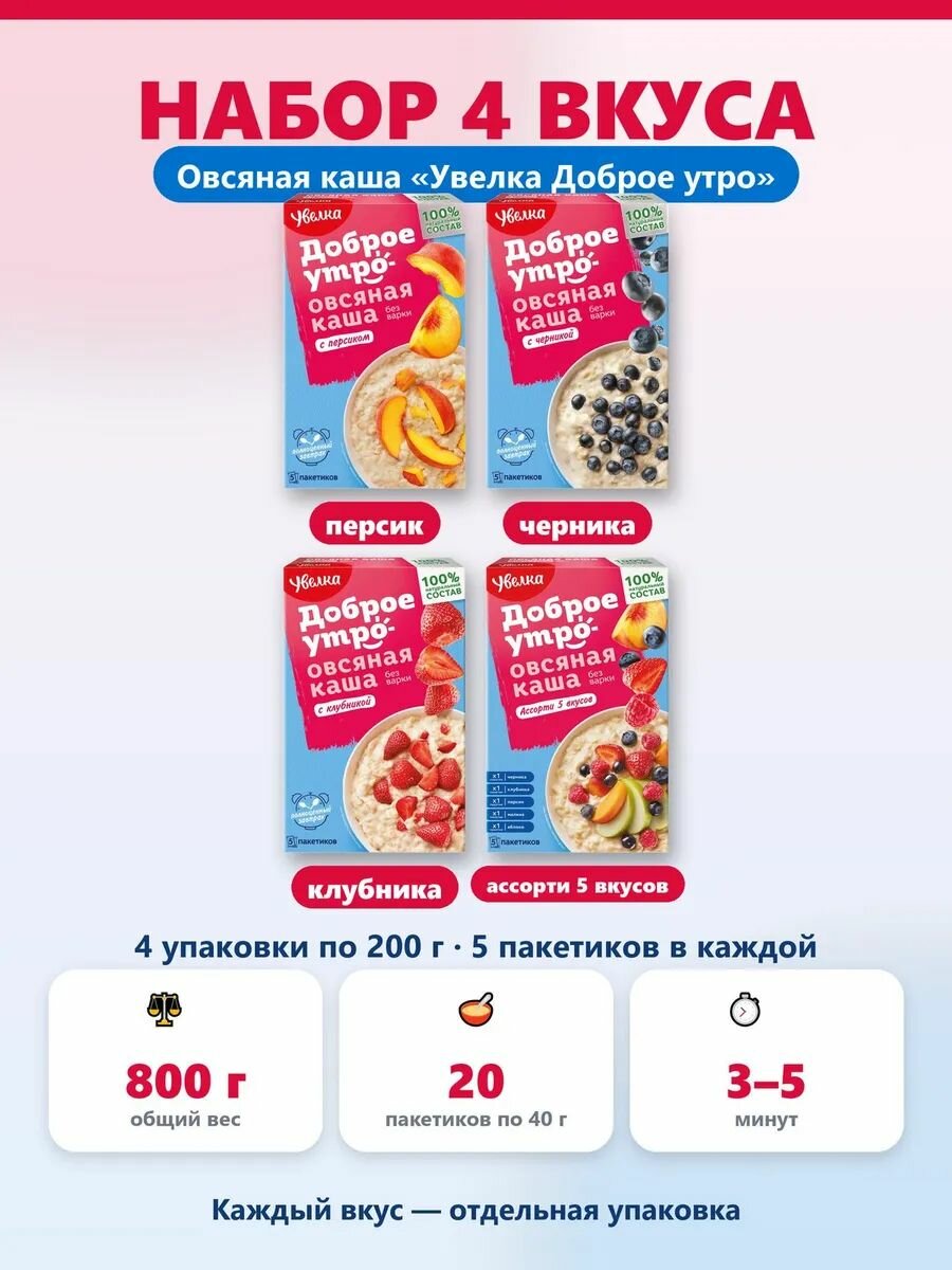 Каша овсяная быстрого приготовления Увелка Доброе утро, набор вкусов: персик, черника, клубника, ассорти 5 вкусов