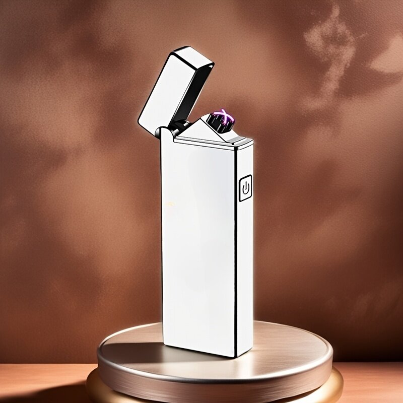 Серебристая ветрозащитная двойная дуговая USB-зажигалка с LED-дисплеем, гладкая поверхность, портативный подарок