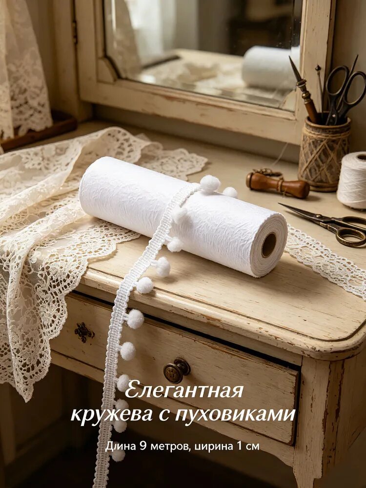 Тесьма с помпонами 9м 1см для штор подушек