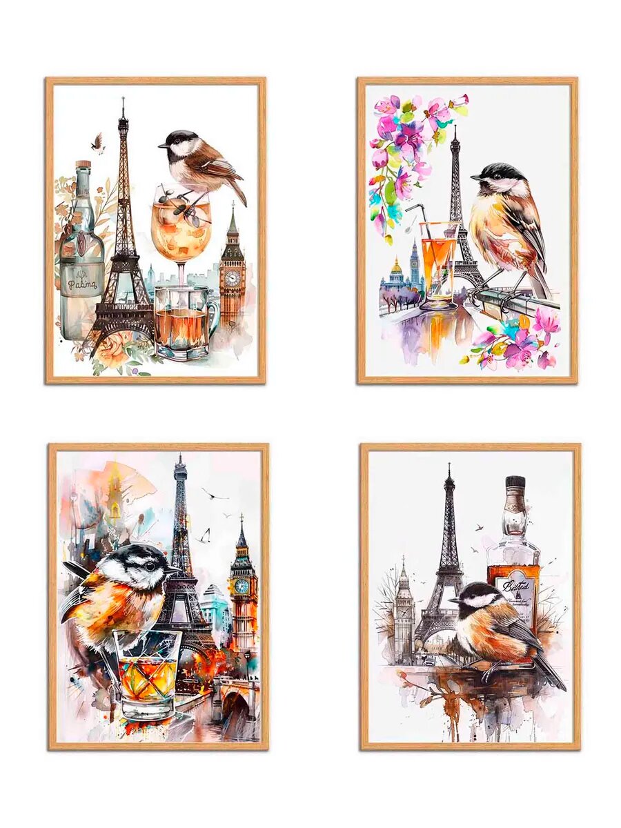 Птица синица Пьет Виски, 4 Плаката, 30x21см