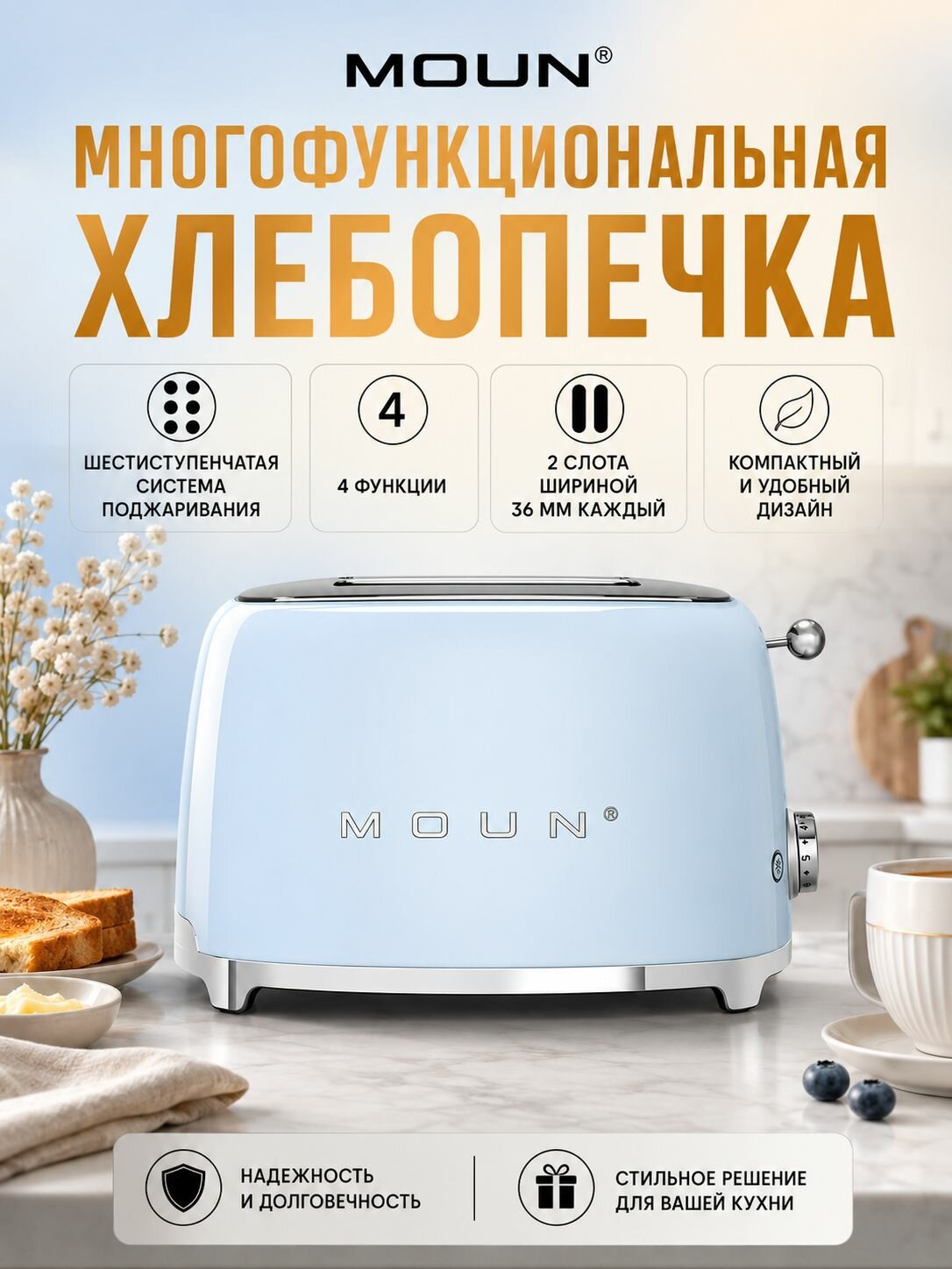 Тостер тостер-950w 950 Вт тостов - 2, голубой