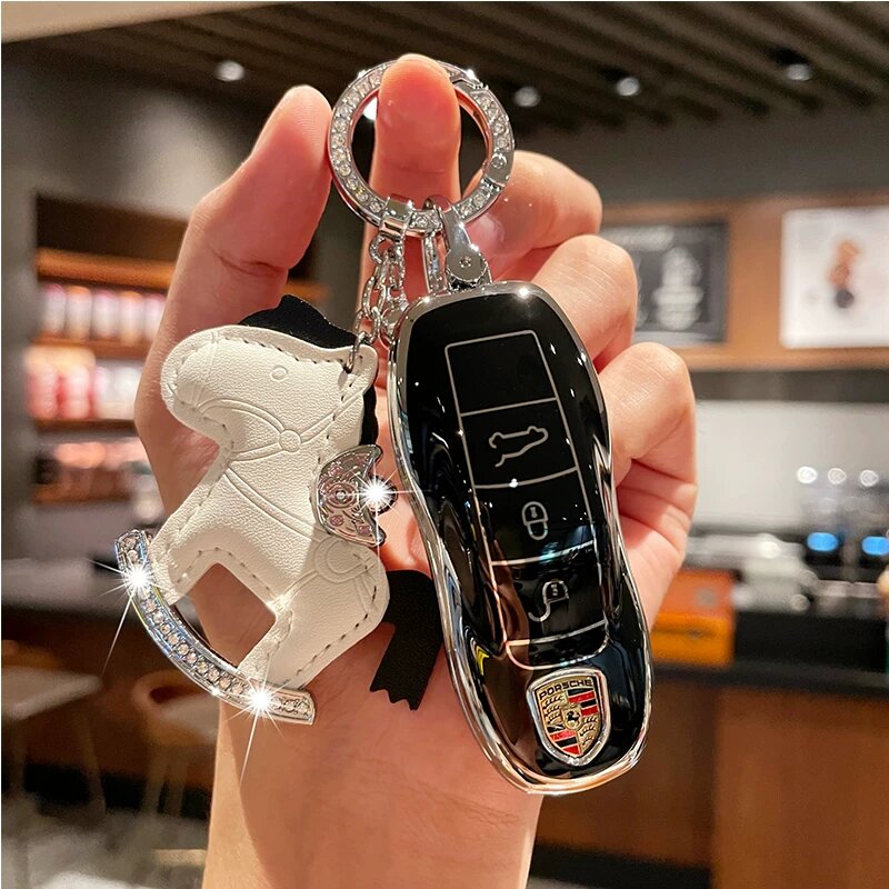 Чехол для ключа Porsche Macan Классический черный с алмазным кольцом и гравировкой логотипа для женщин