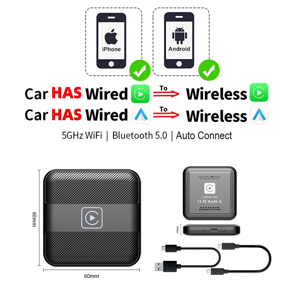 EKIY EC05 Mini Car Play Box Проводной к беспроводному адаптеру Carplay Android Auto Smart Ai Box Bluetooth WiFi Spotify Connect Smart USB