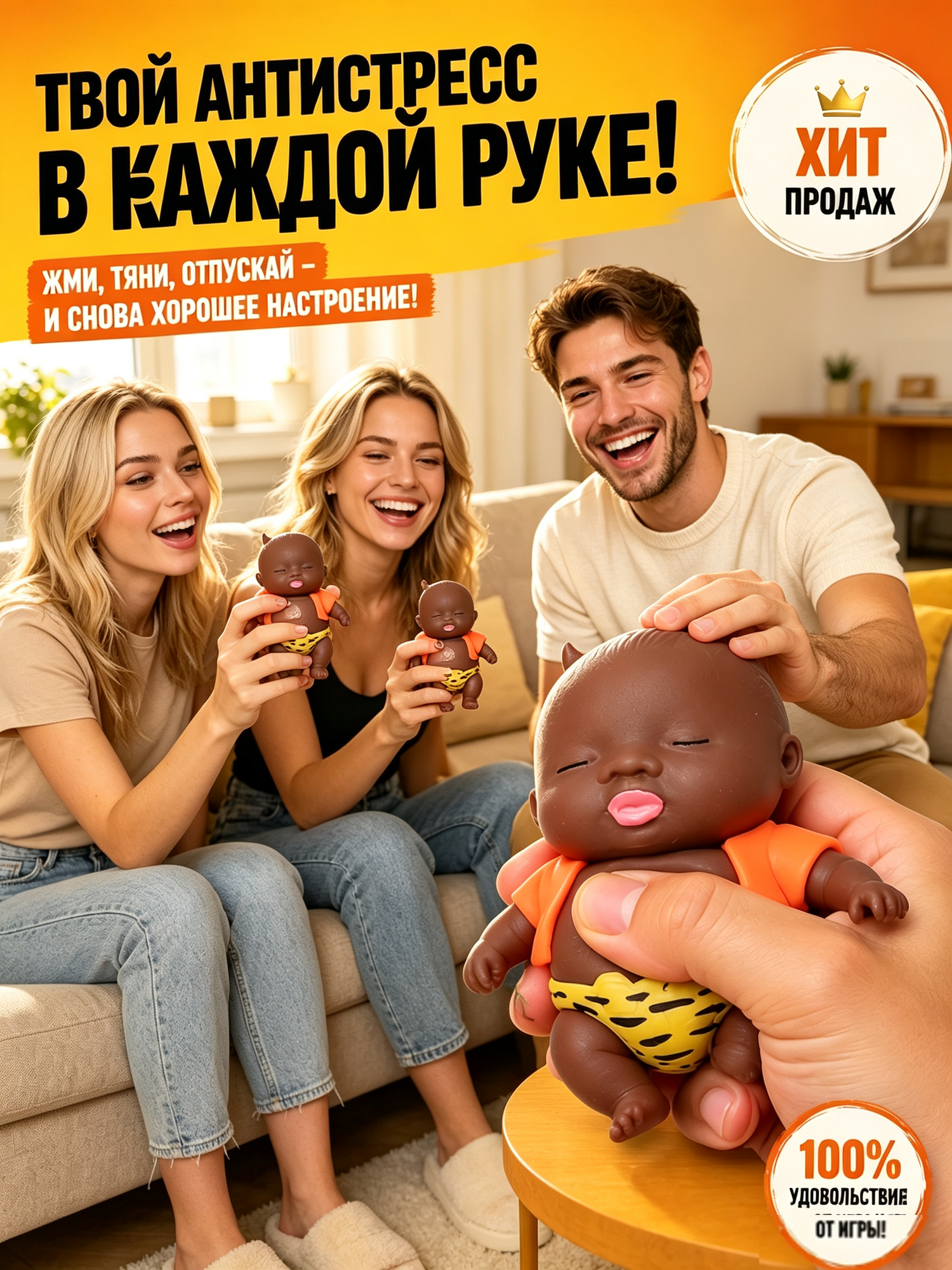 Сквиш антистресс игрушка, уродливо-милый негр-тянучка в оранжевой одежде, мягкая игрушка-антистресс для снятия стресса